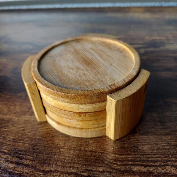 Dining | Vintage Wood Coaster Set 4 Round Coasters With Holder | Poshmark
